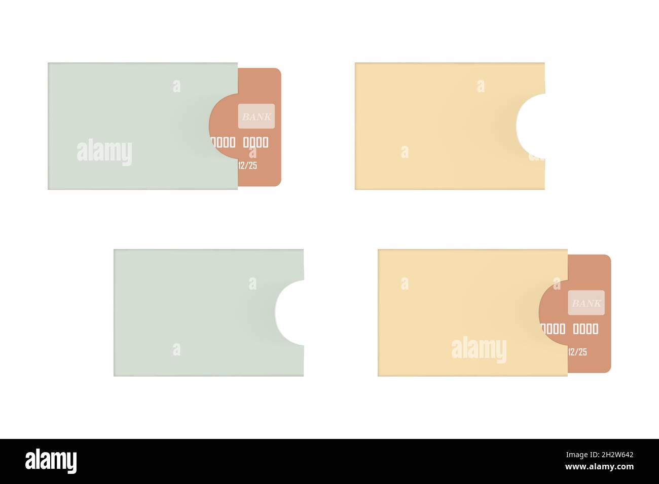 Colored bank card holders isolated on white background template. Blank ...