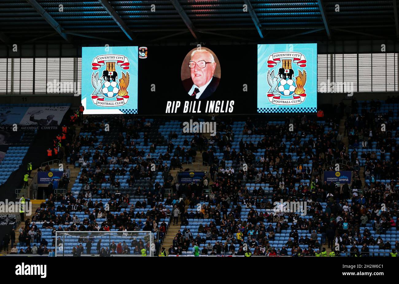 The big screen displays a message of remembrance for Coventry City fan ...