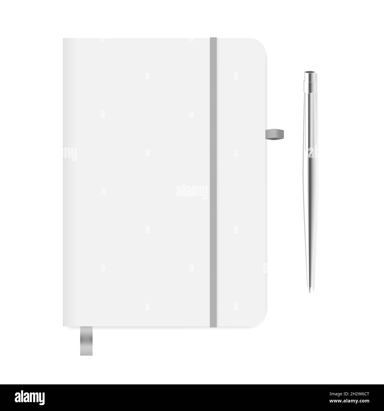 Closed notebook with ribbon bookmark, elastic closure strap and pen ...