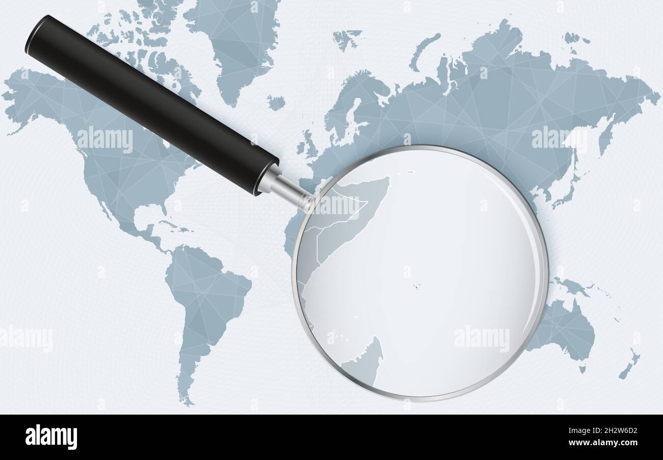 World map with a magnifying glass pointing at Seychelles. Map of Seychelles with the flag in the ...