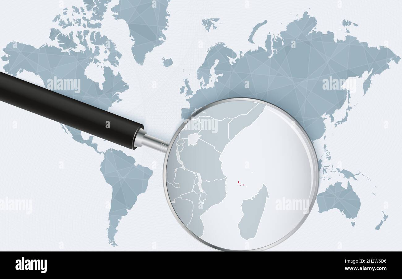 World map with a magnifying glass pointing at Comoros. Map of Comoros ...