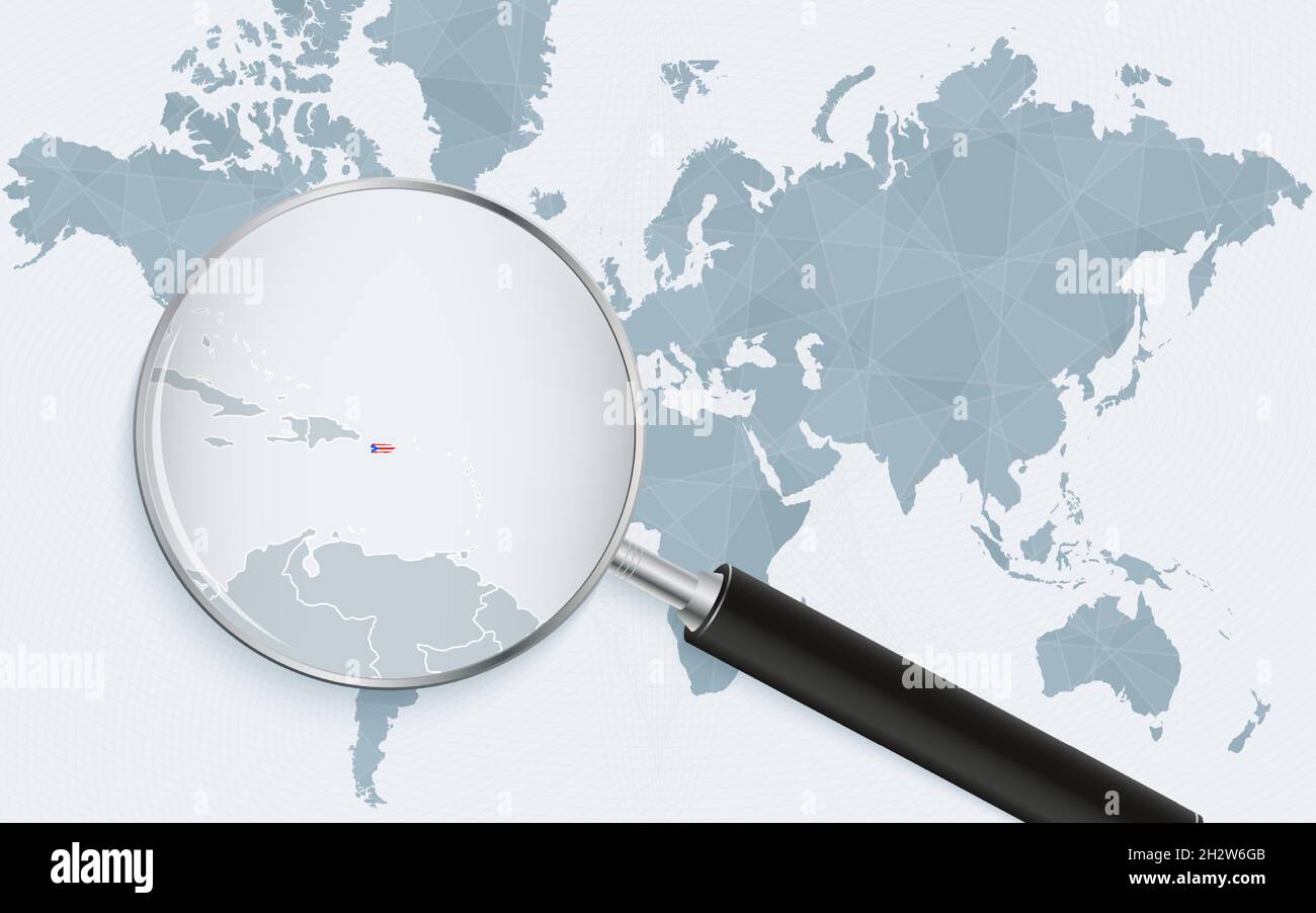 World map with a magnifying glass pointing at Puerto Rico. Map of ...