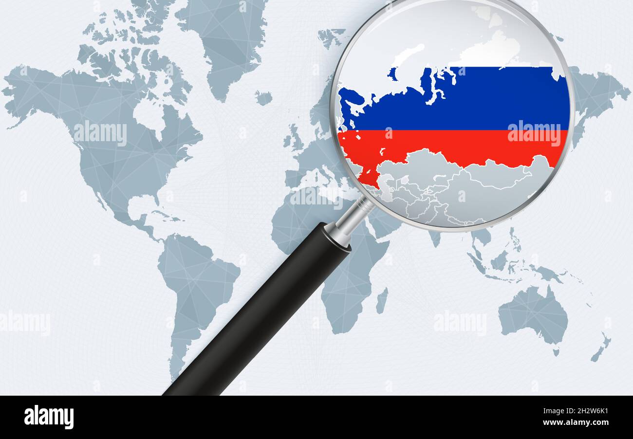 World map with a magnifying glass pointing at Russia. Map of Russia ...