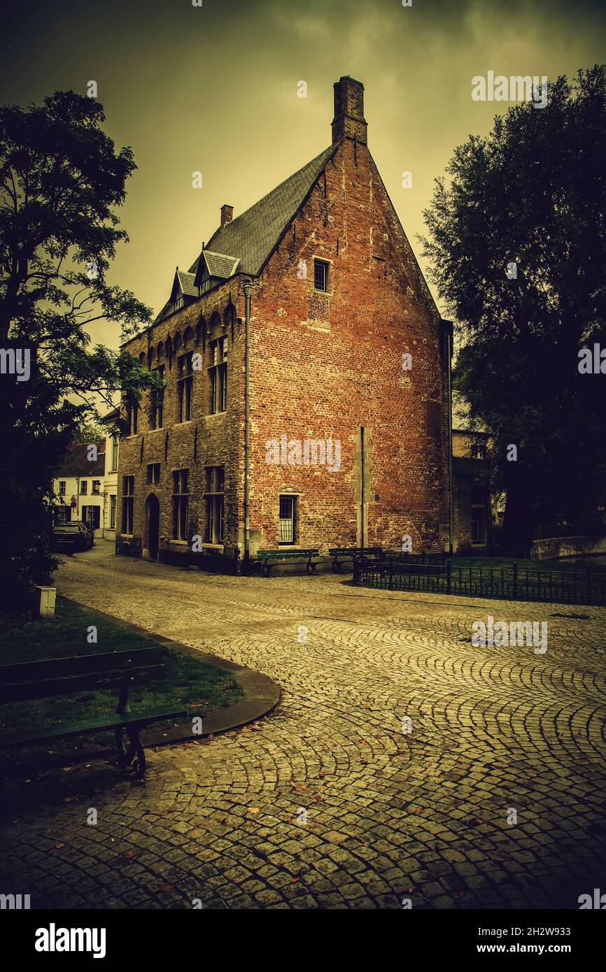 House typical of bruges, detail of medieval houses, tourism in Belgium ...