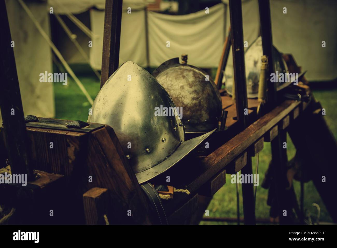 Ancient medieval helmets, detail of history and protection Stock Photo ...