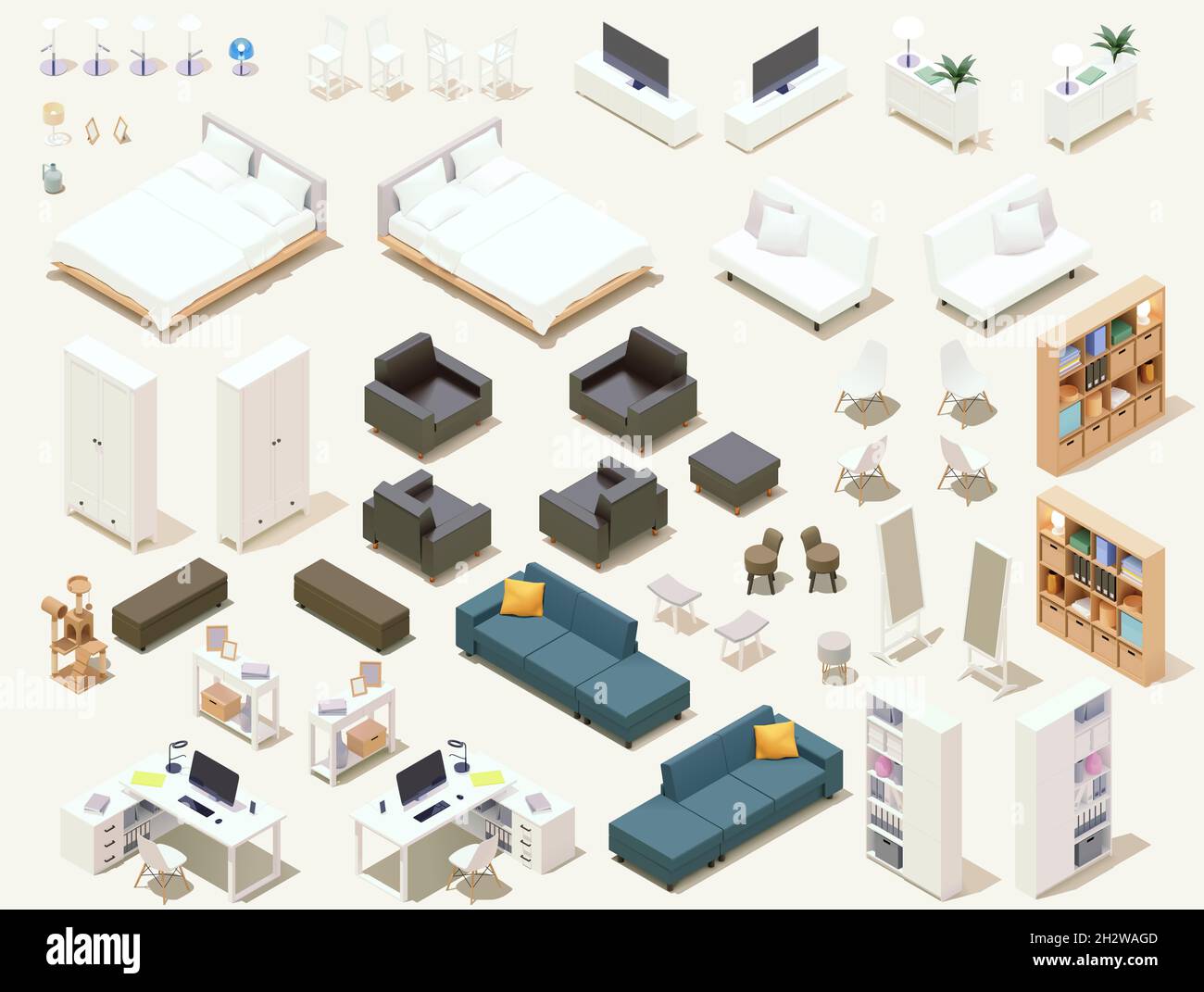 Vector isometric home furniture set. Domestic and office furniture and ...