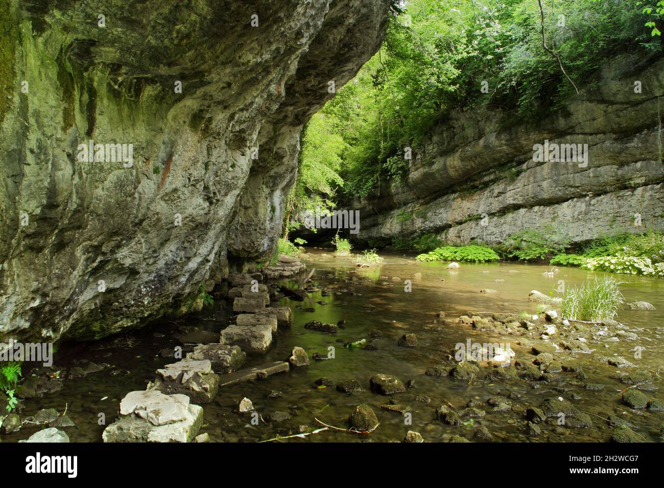 Chee Dale. Stepping stones on the River Wye in Chee Dale limestone ...
