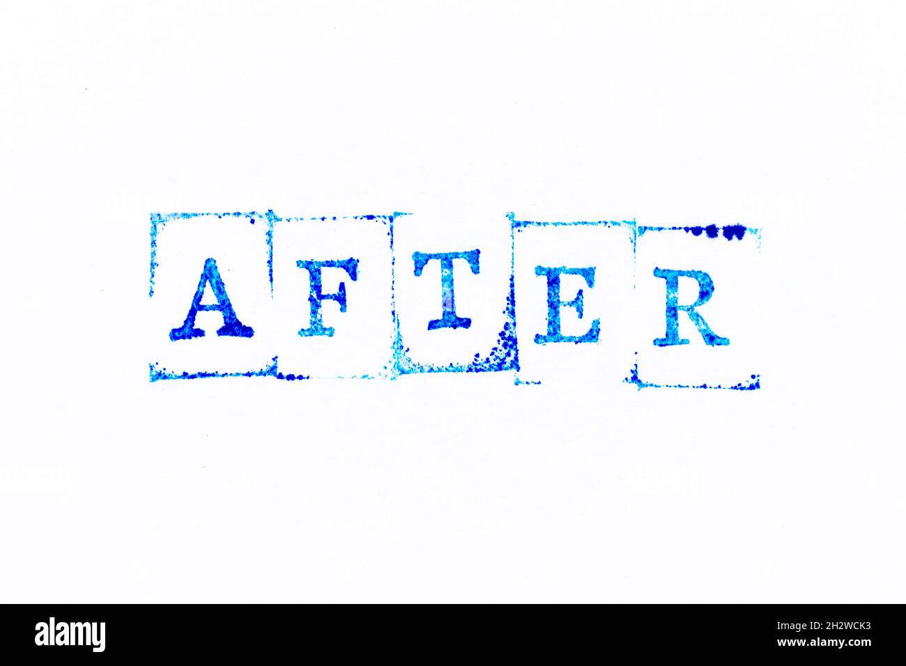 Blue color ink rubber stamp in word after on white paper background ...