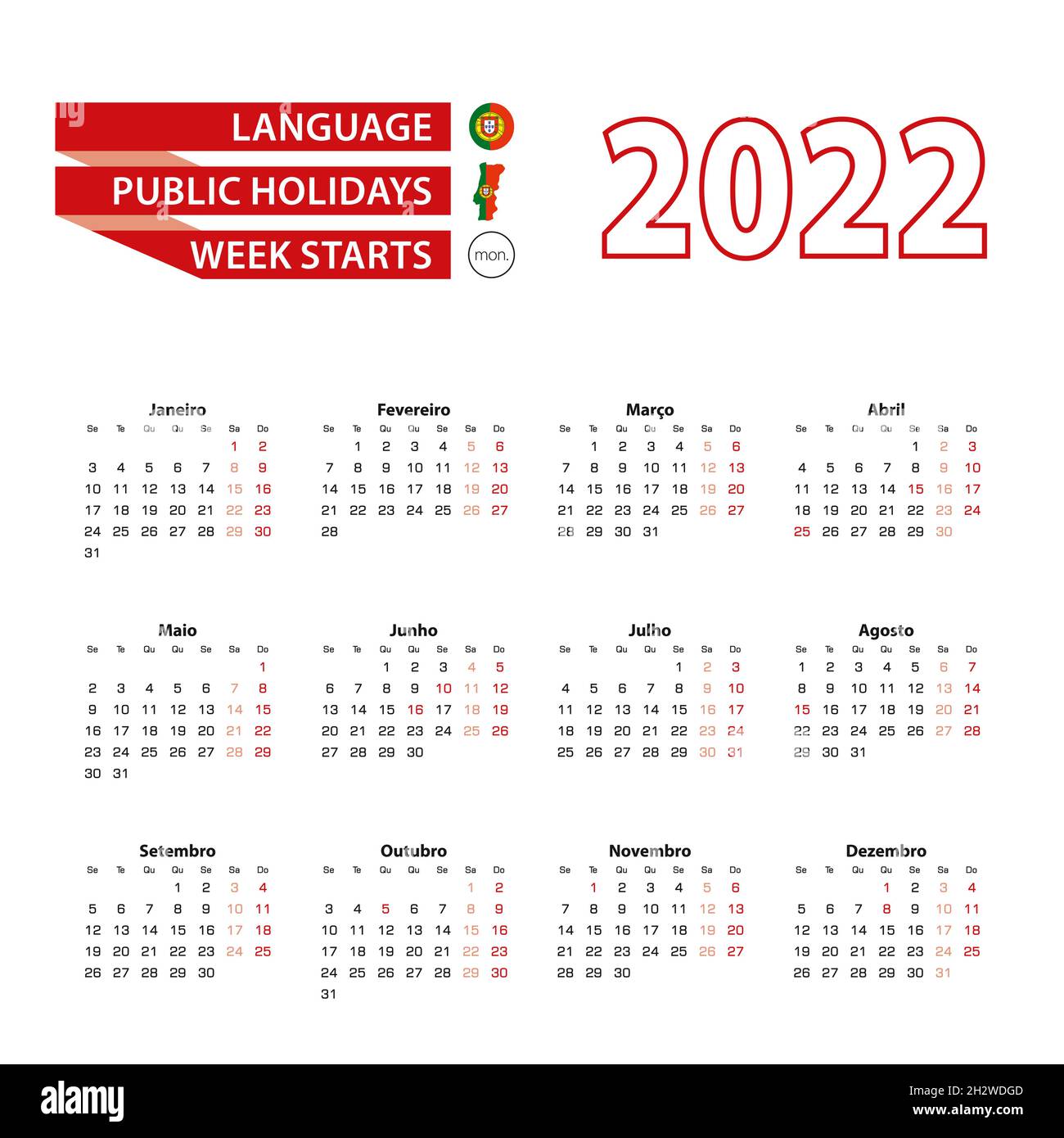 Calendar 2022 in Portuguese language with public holidays the country ...