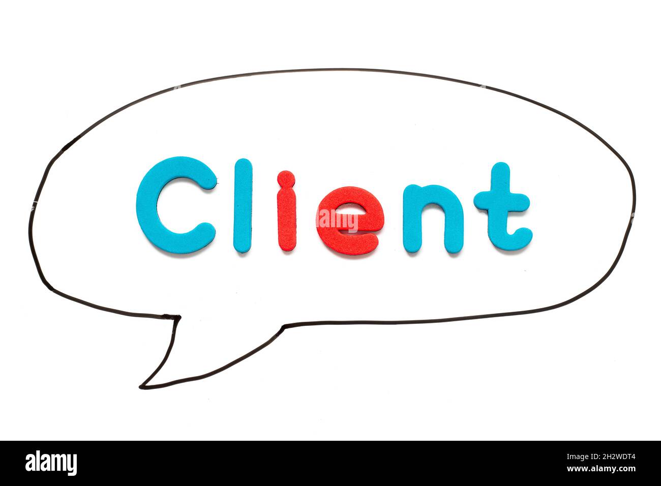 Alphabet letter with word client in black line hand drawing as bubble ...