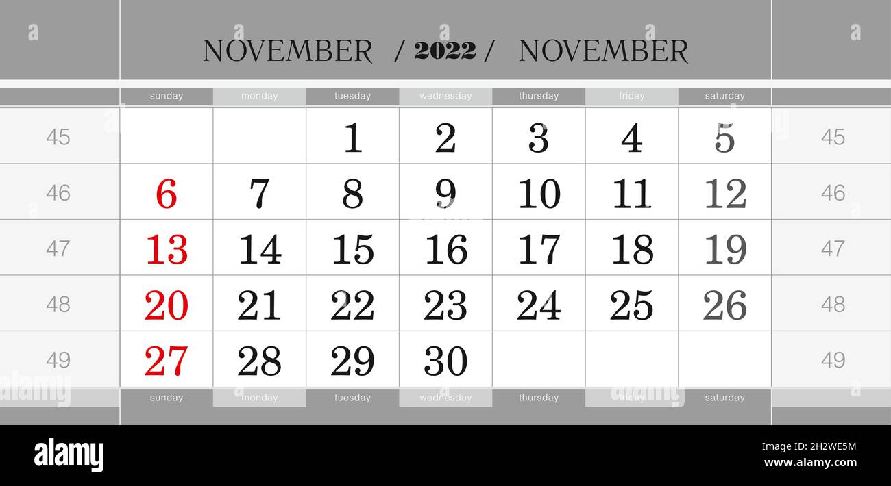 November 2022 quarterly calendar block. Wall calendar in English, week ...