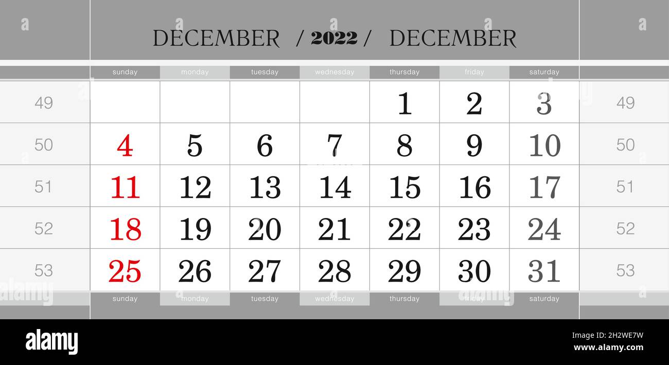 December 2022 quarterly calendar block. Wall calendar in English, week ...