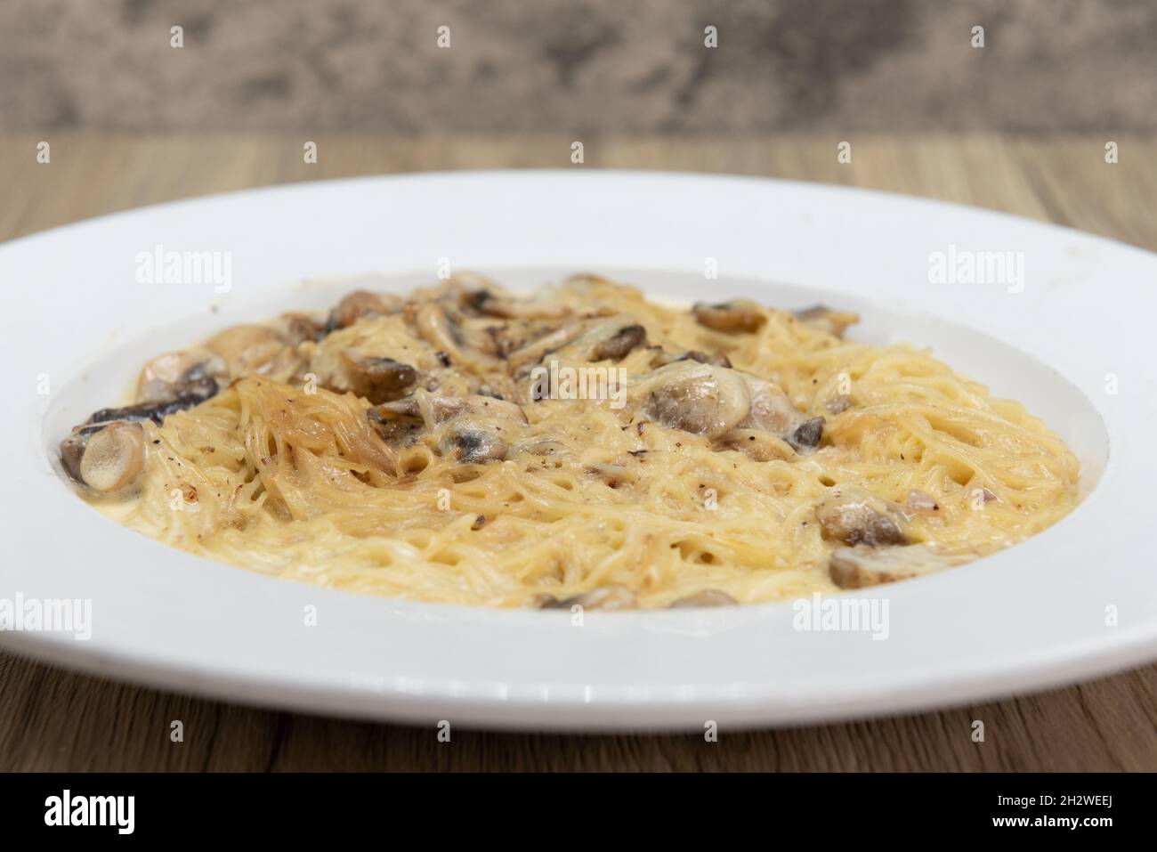 Plate of pasta alfredo with chicken served creamy to the taste with ...