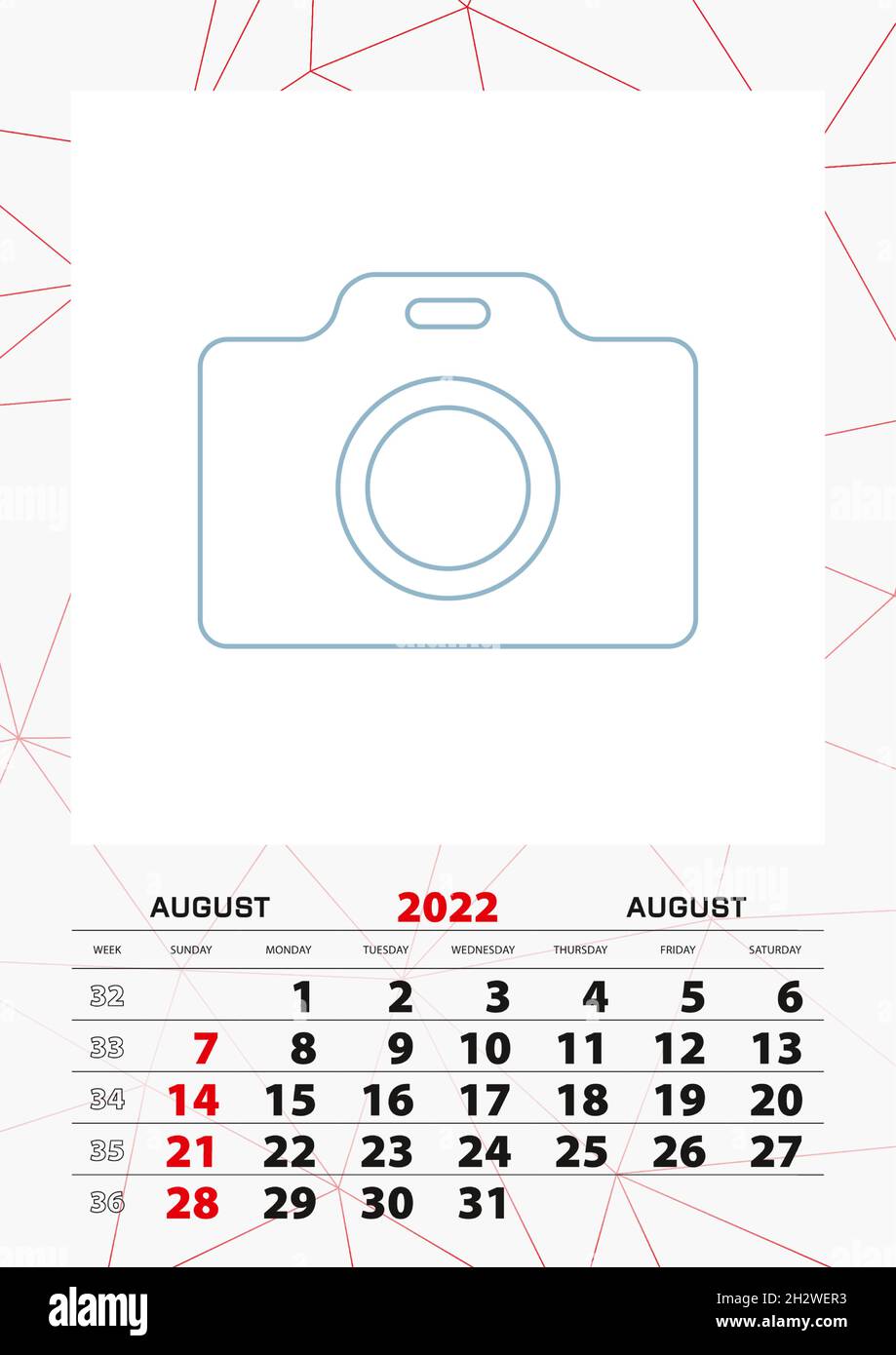 Wall calendar planner template for August 2022, week starts on sunday ...