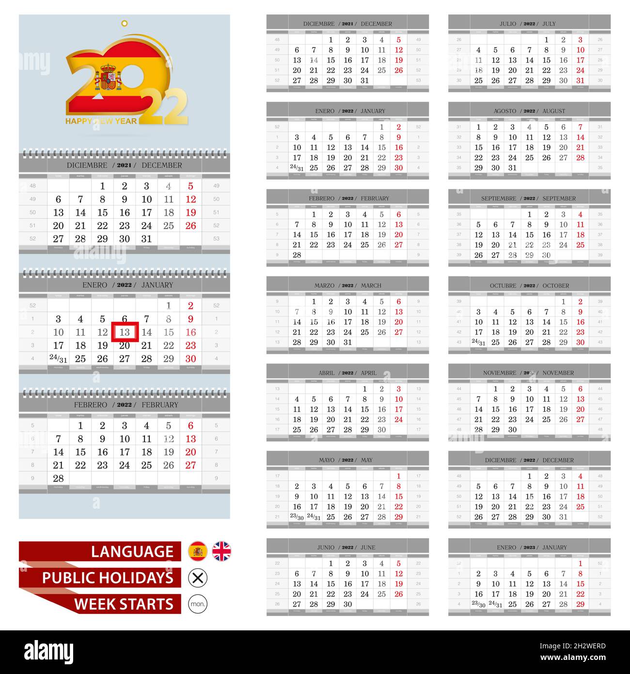 Spanish and English language calendar for 2022 year. Week starts from ...