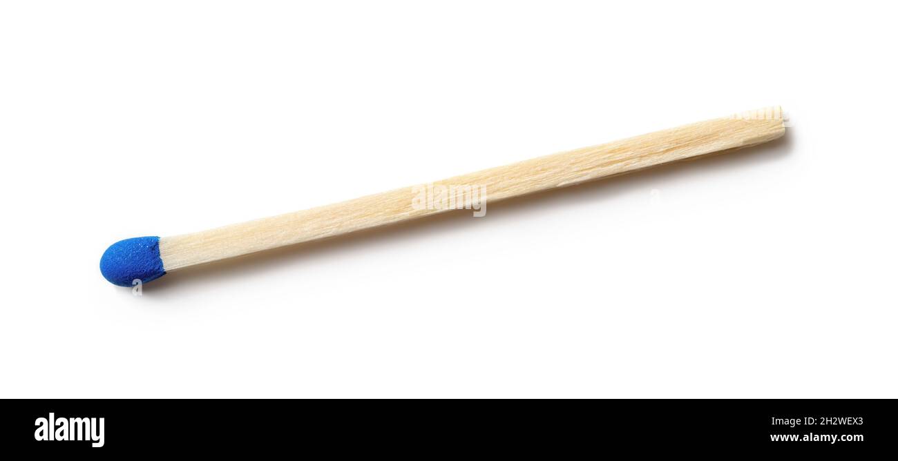 One bright blue wooden match isolated on a white background. Single ...