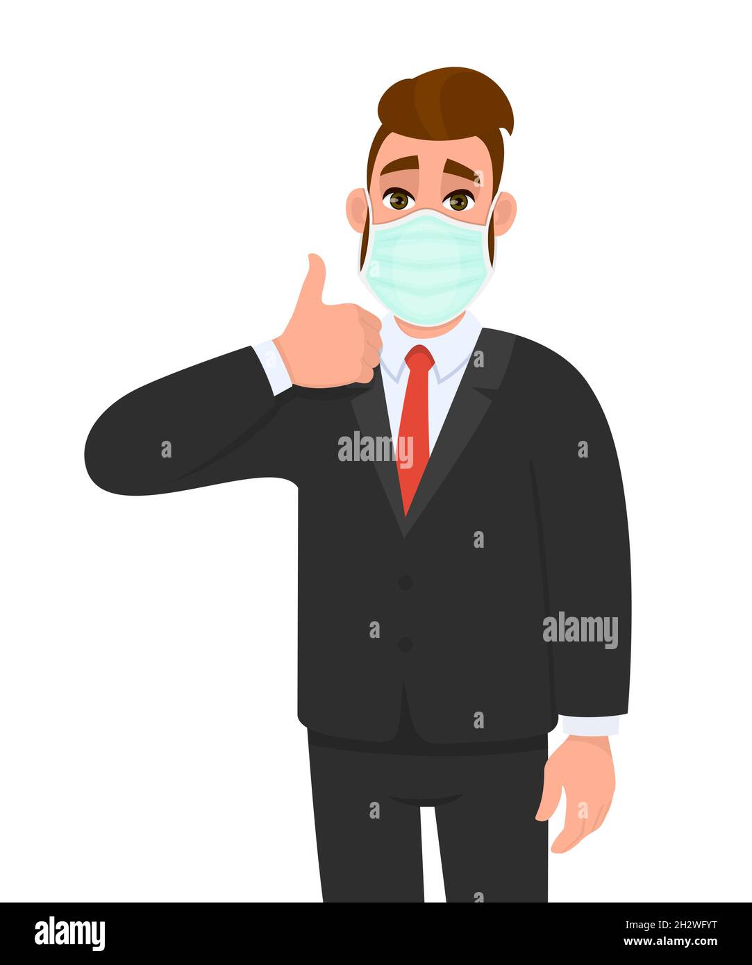Young business man wearing medical mask and showing thumbs up sign ...