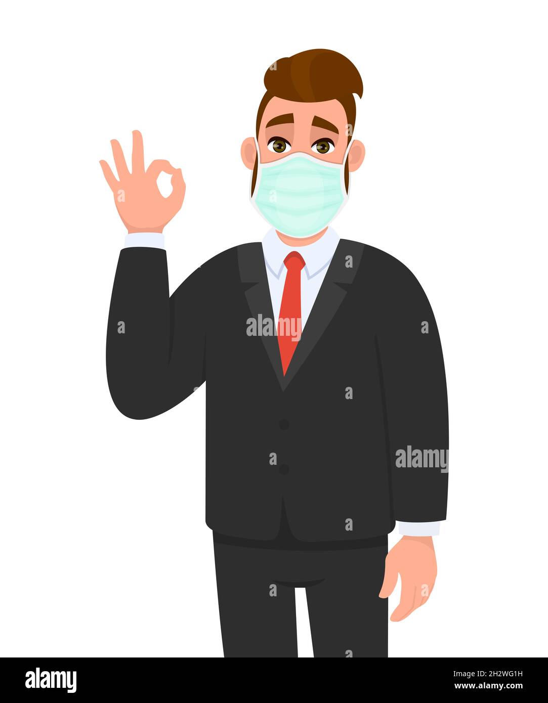 Young businessman wearing medical mask and showing okay, OK sign ...