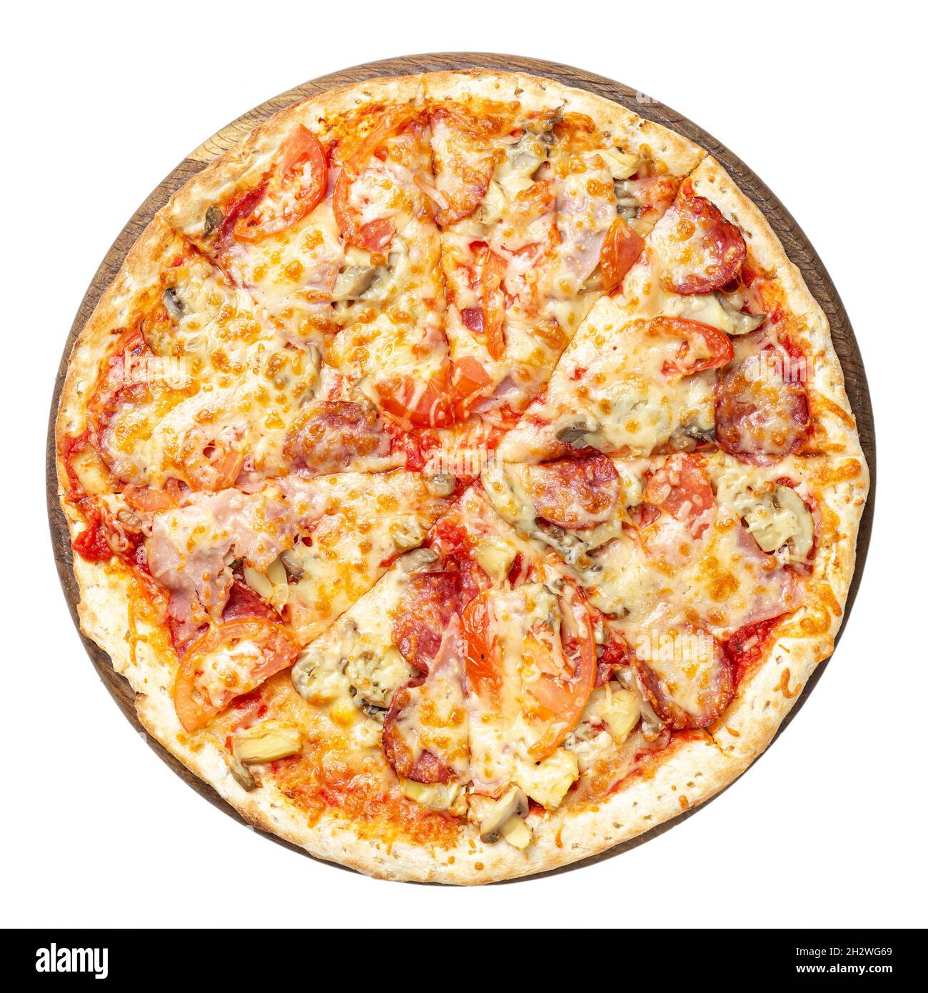 Delicious pizza served on wooden plate isolated on white background ...