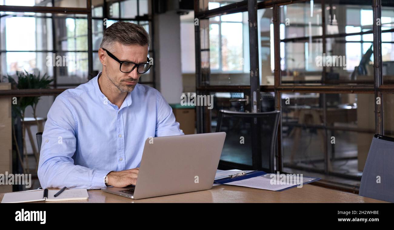 Busy mature business man lawyer ceo using laptop computer working in ...
