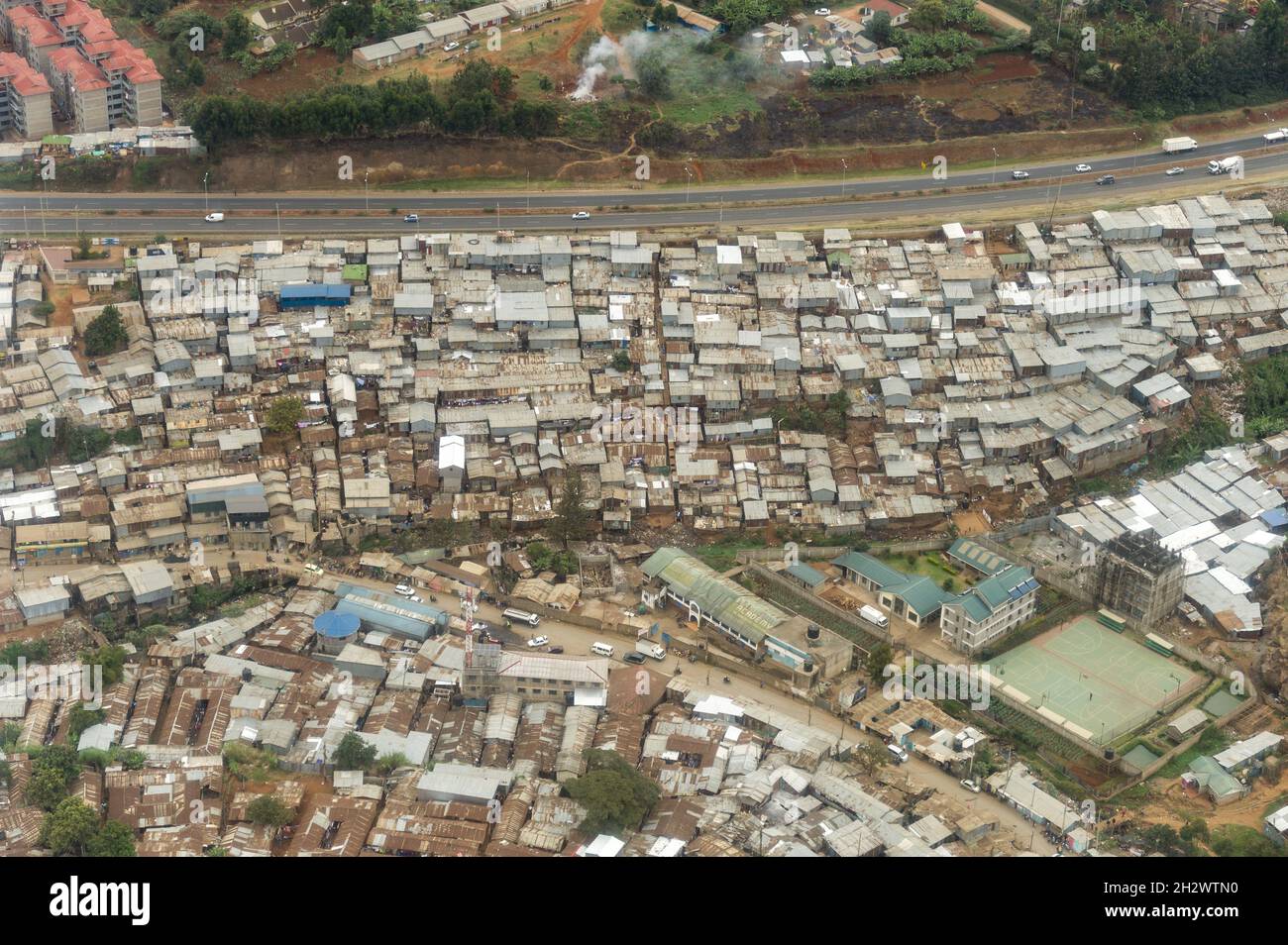 Aerial view of a section of Kibera slum showing makeshift shack housing ...