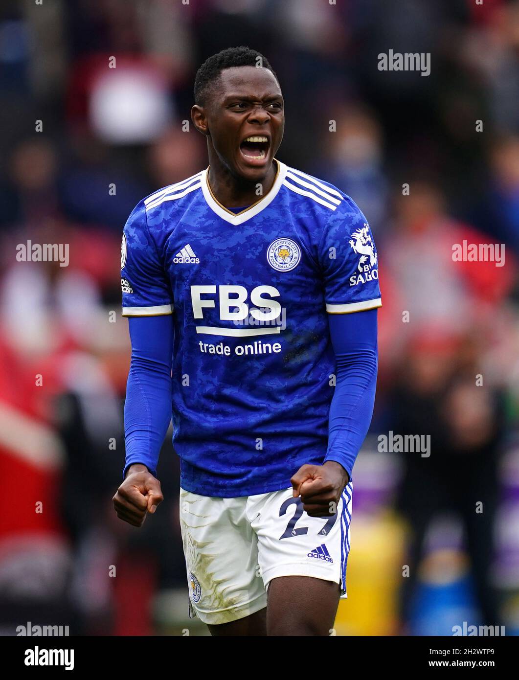 Leicester City's Patson Daka celebrates the win after the Premier ...