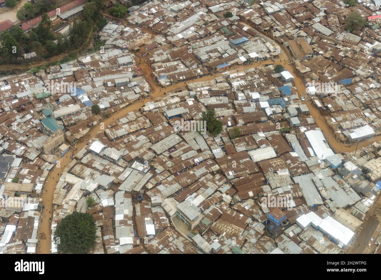 Aerial view of a section of Kibera slum showing makeshift shack housing ...