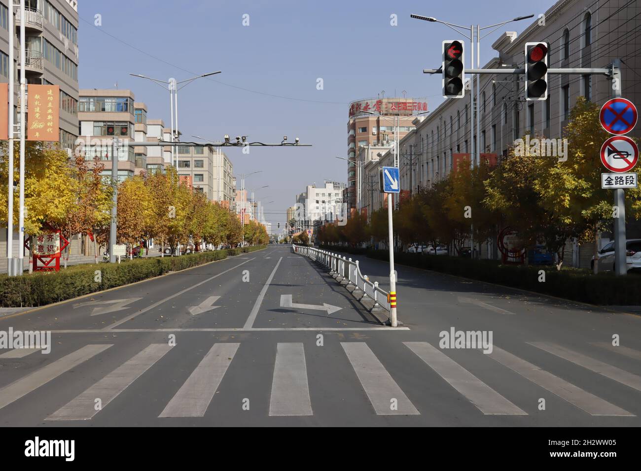 ZHANGYE, CHINA - OCTOBER 24, 2021 - An empty street is seen in Zhangye ...