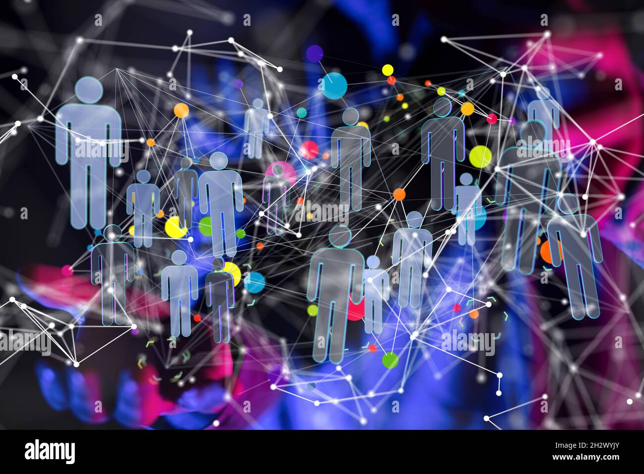 A male's hand pointing to the illustrated business cubes network team Stock Photo - Alamy