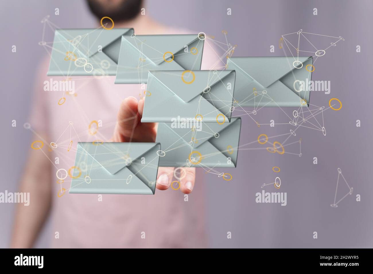 A male's hand pointing to illustrated email inbox electronic ...