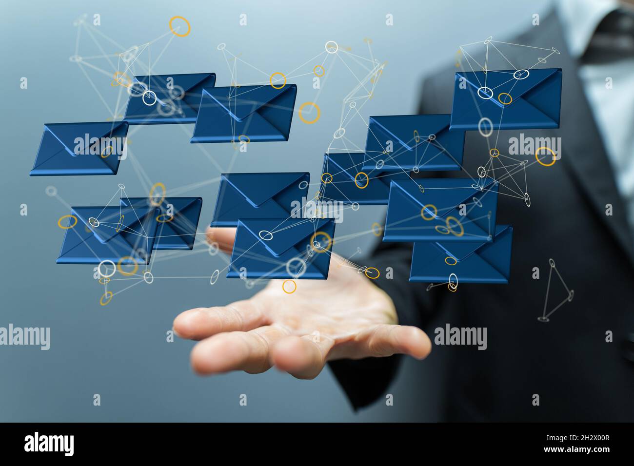 A male's hand pointing to illustrated email inbox electronic ...