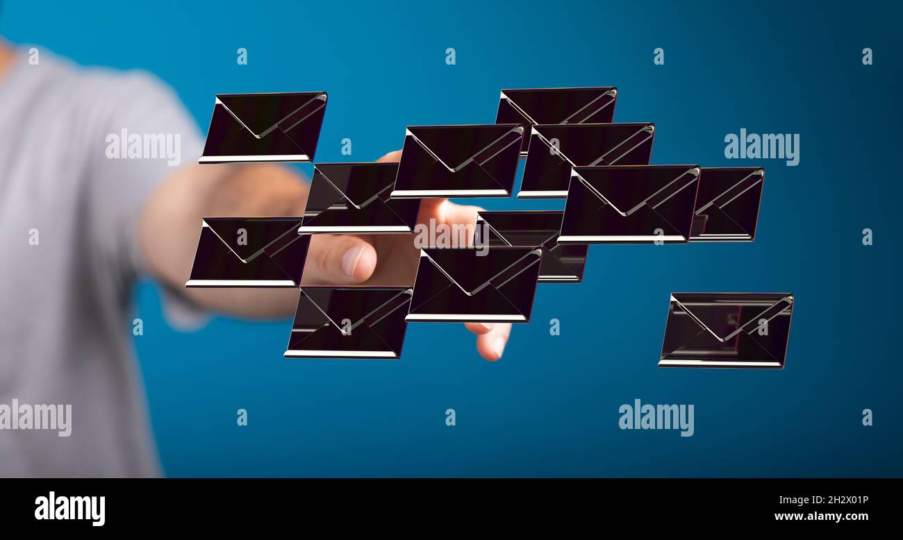A male's hand pointing to illustrated email inbox electronic ...