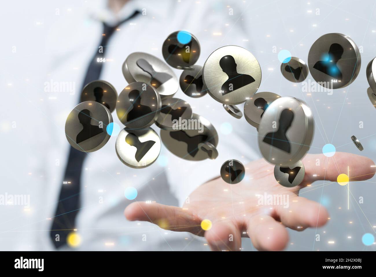 A male's hand pointing to illustrated organization chart team concept ...