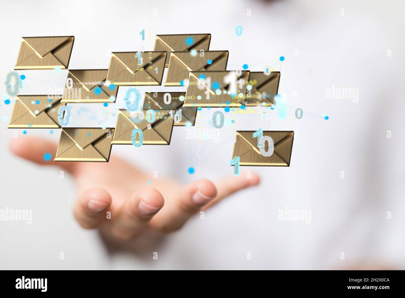 A male's hand pointing to illustrated email inbox electronic ...