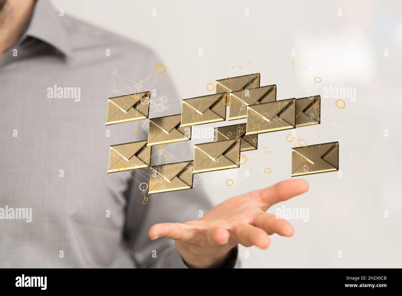 A male's hand pointing to illustrated email inbox electronic ...