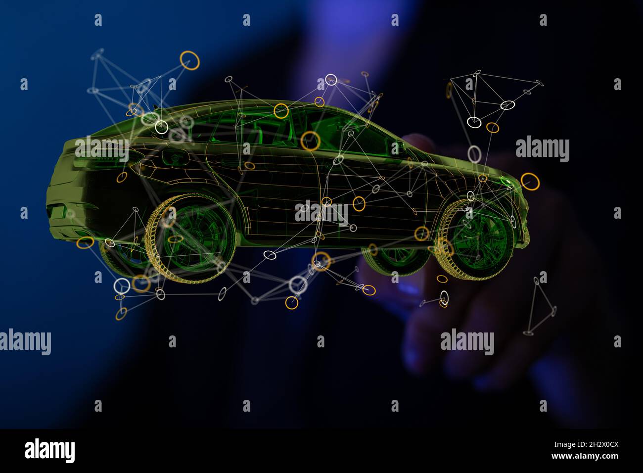 A male's hand pointing to illustrated digital car Stock Photo - Alamy