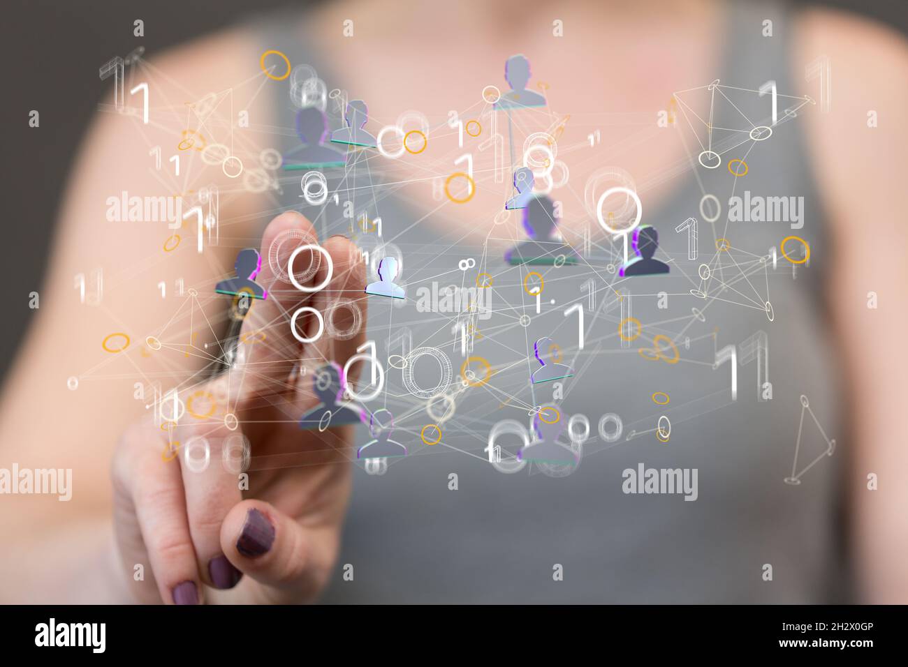 A male's hand pointing to illustrated internet net and data digital ...