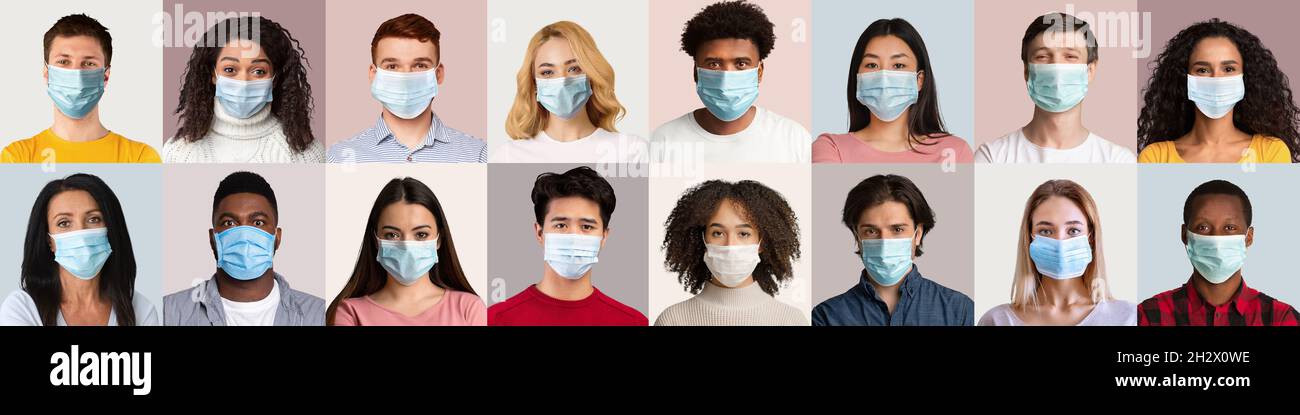 Covid-19 protection concept. Collage with diverse people in disposable ...