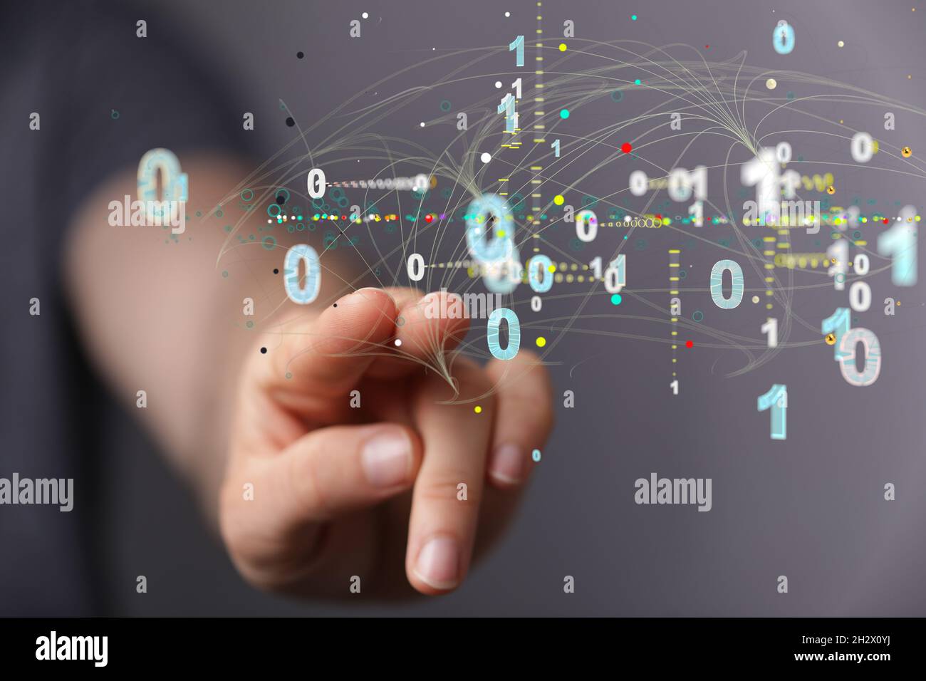 A male's hand pointing to illustrated technology background Stock Photo ...