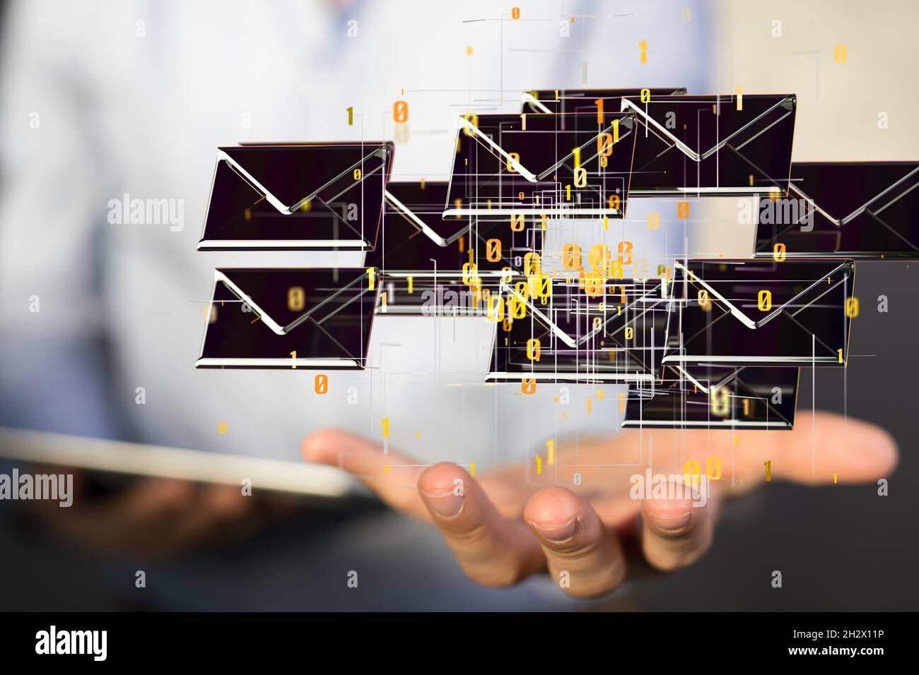 A male's hand pointing to illustrated email inbox electronic ...