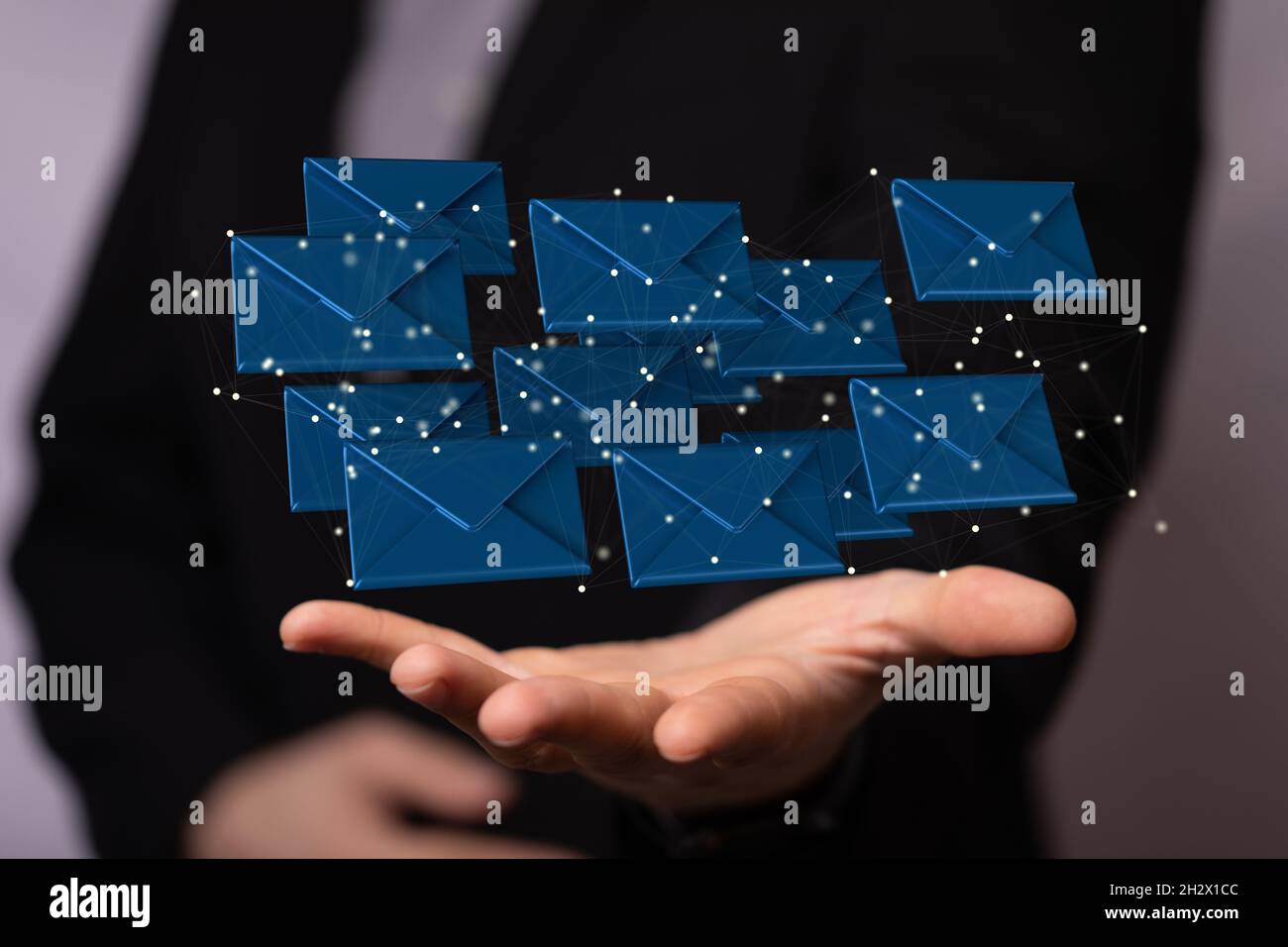 A male's hand pointing to illustrated email inbox electronic ...