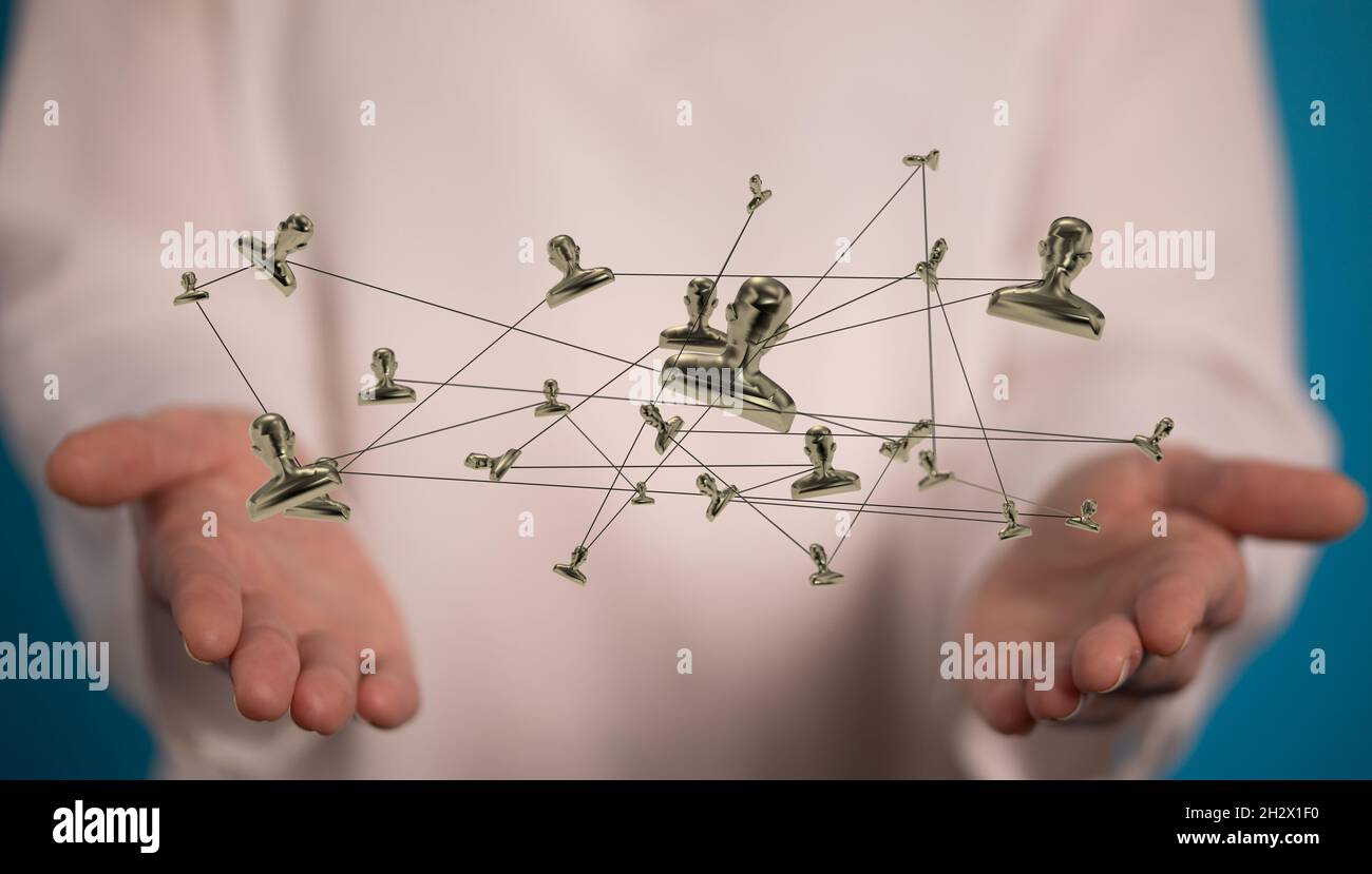 A male's hand pointing to illustrated organization chart team concept ...