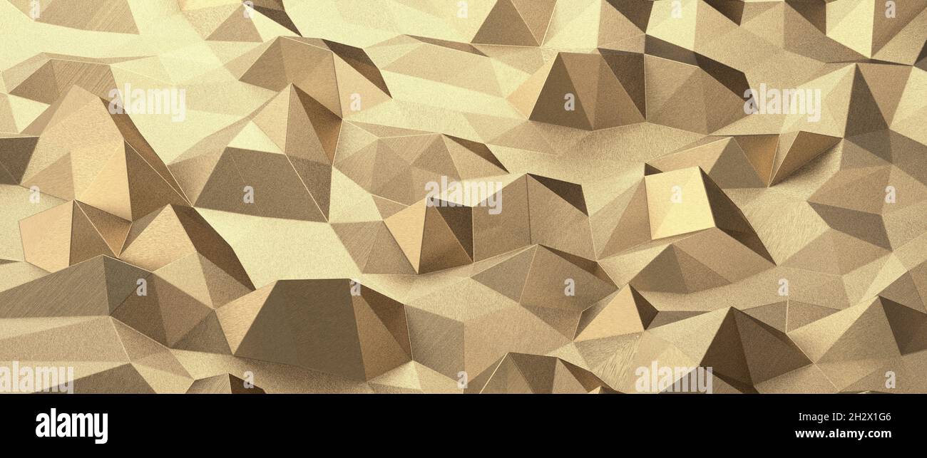 A close-up detail of abstract modern golden triangular wall pattern ...