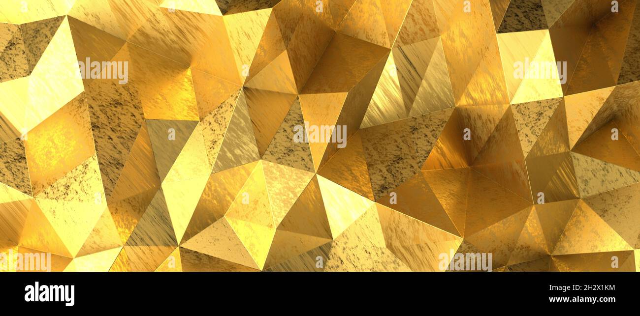 A close-up detail of abstract modern golden triangular wall pattern ...