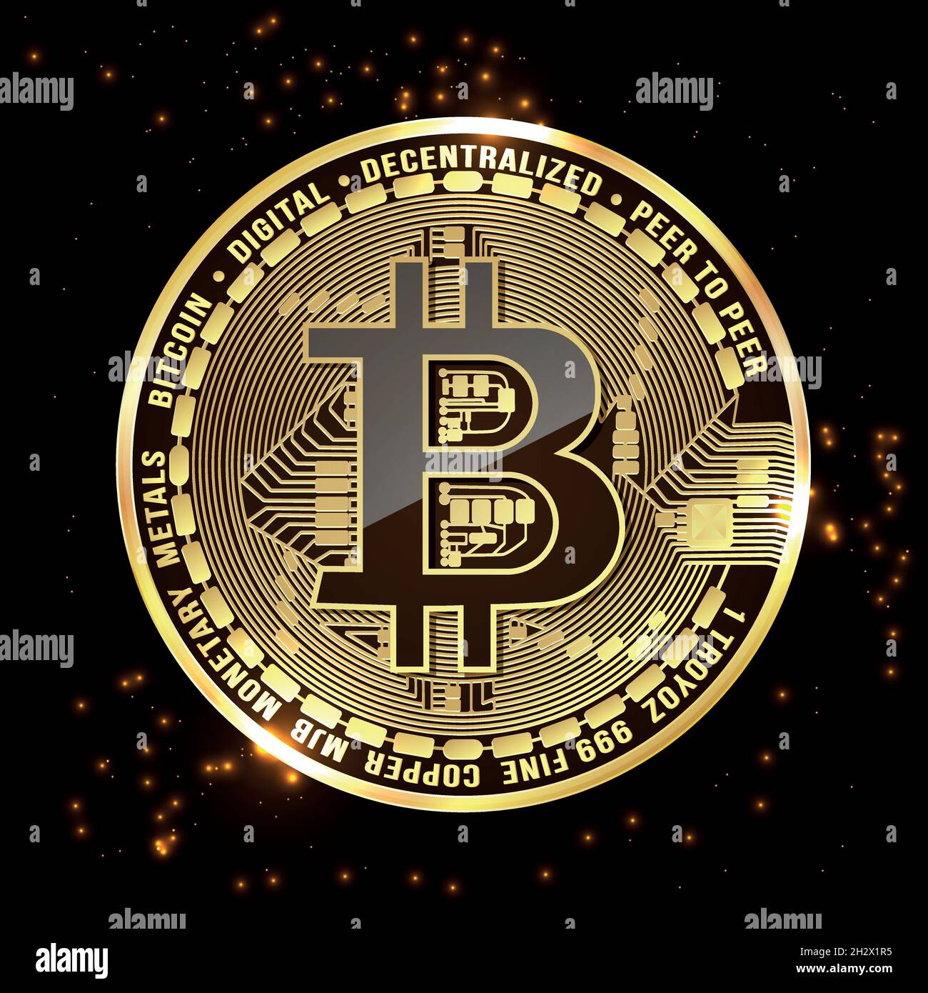 Vector drawing, golden bitcoin coin on black background with bright ...
