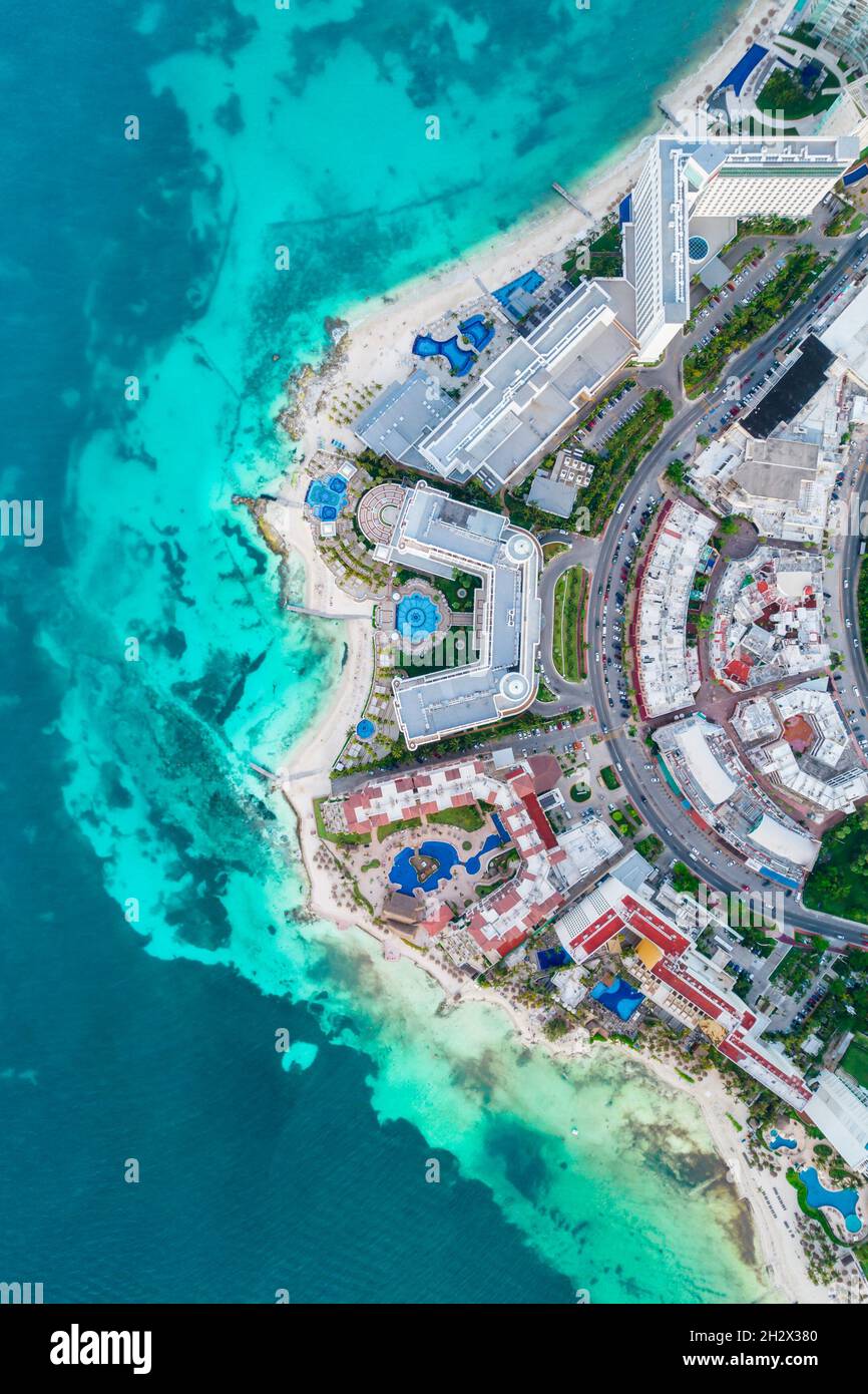 Aerial panoramic view of Cancun beach and city hotel zone in Mexico ...