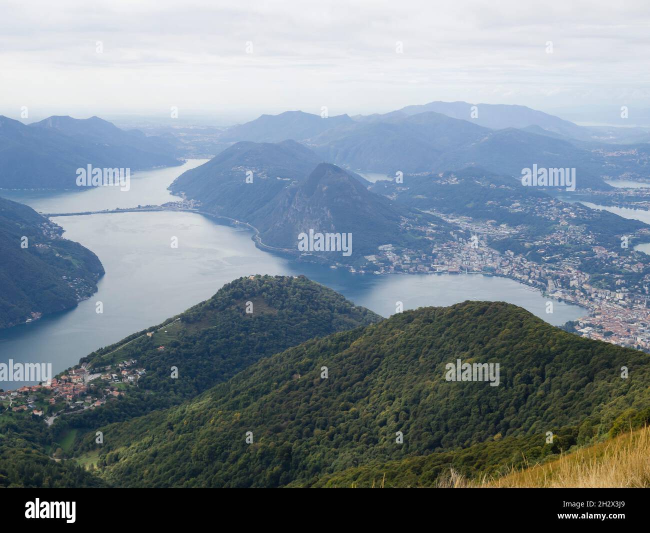 Overlooking the city of Lugano, Lake Lugano, mount San Salvatore and ...