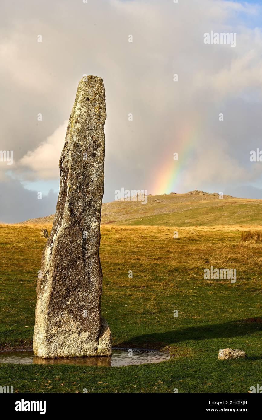 Bronze Age standing stone at Merrivale on Dartmoor Devon UK with Great ...