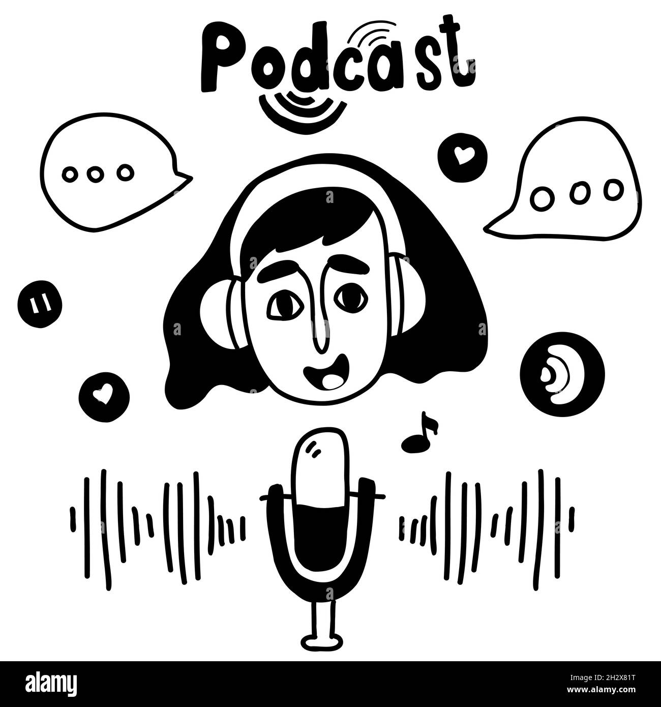 Podcast concept. Girl in headphones and badges, podcaster speaks into ...