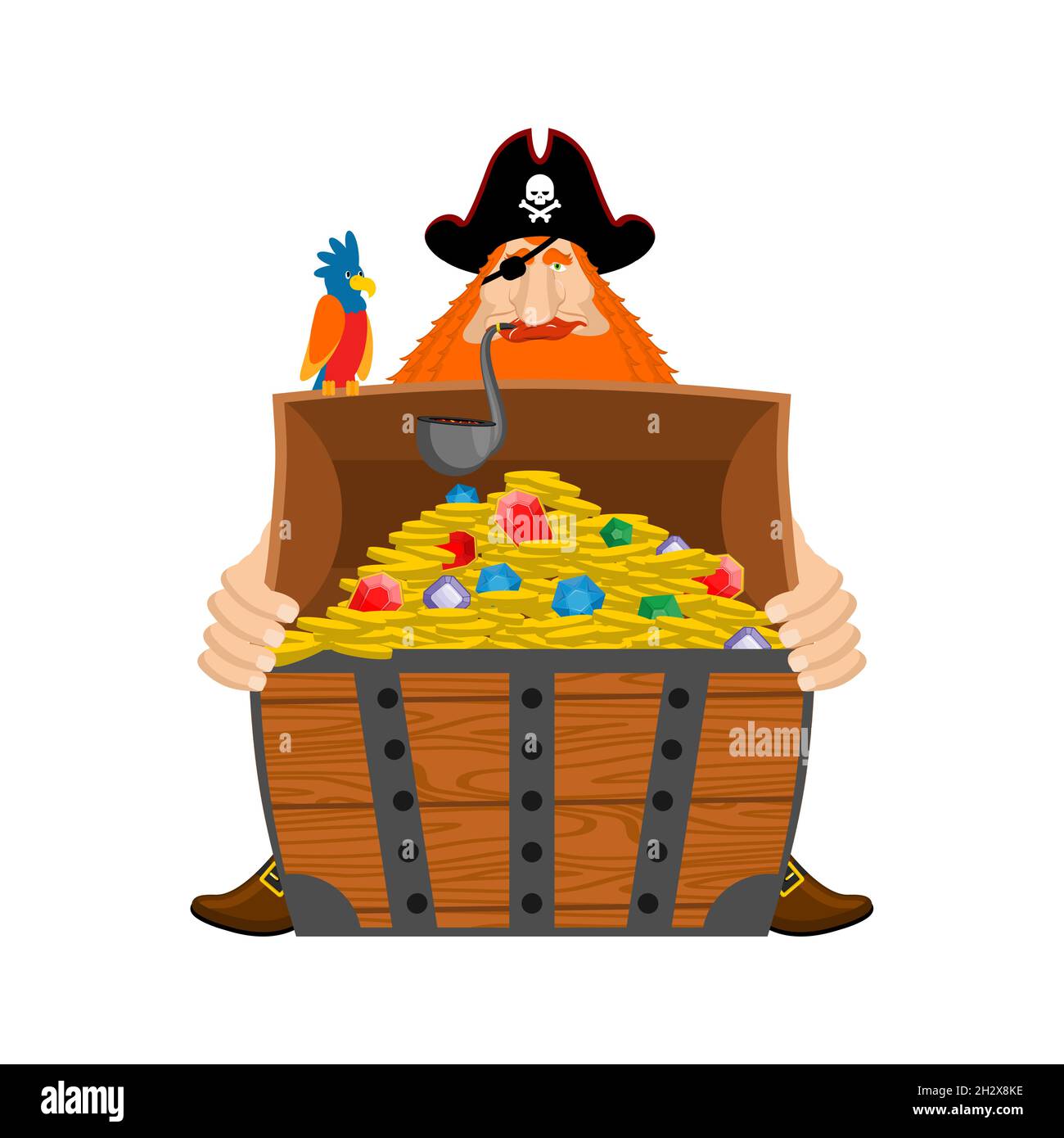 Pirate and treasure chest. Filibuster and box of gold. buccaneer vector ...